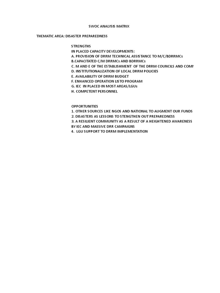 Disaster Preparedness SWOC Analysis | PDF | Emergency Management ...