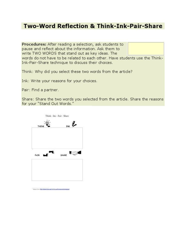 Two-Word Reflection & Think-Ink-Pair-Share: Procedures: After Reading A ...