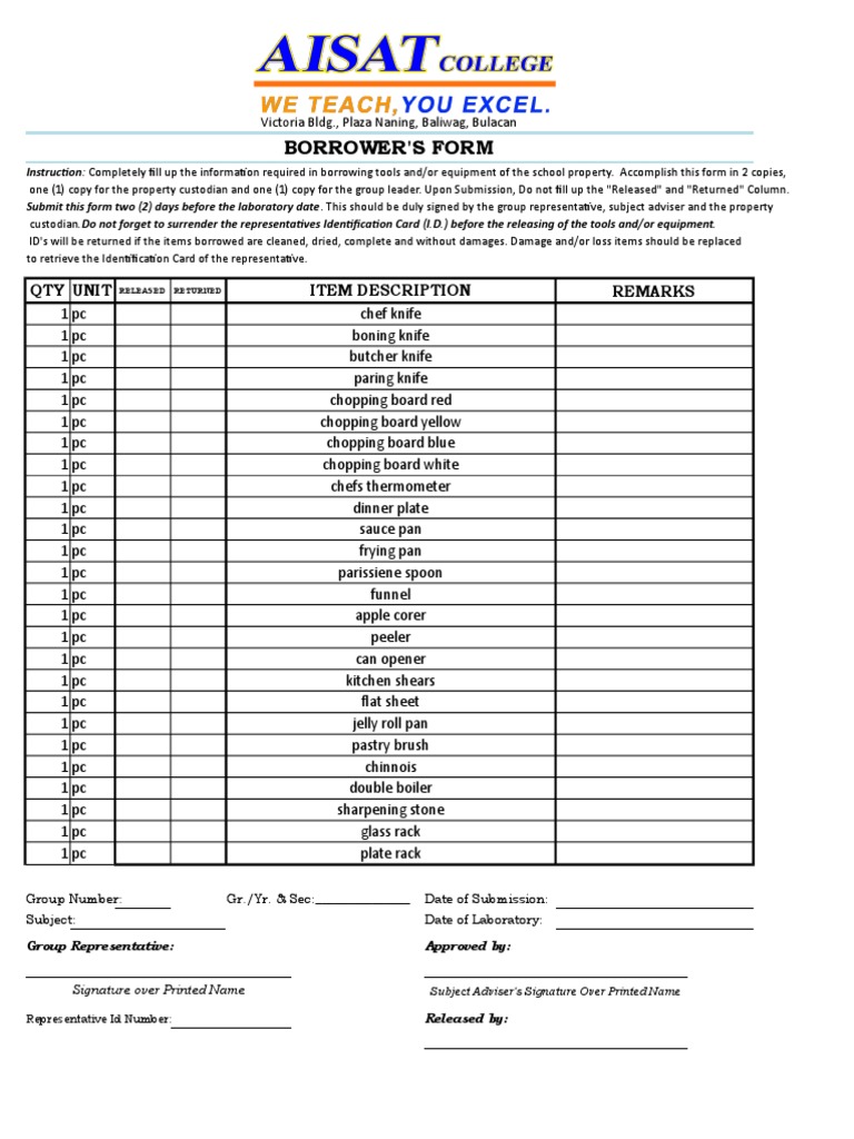 Equipment Borrower's Form Template | PDF | Manufactured Goods | Home