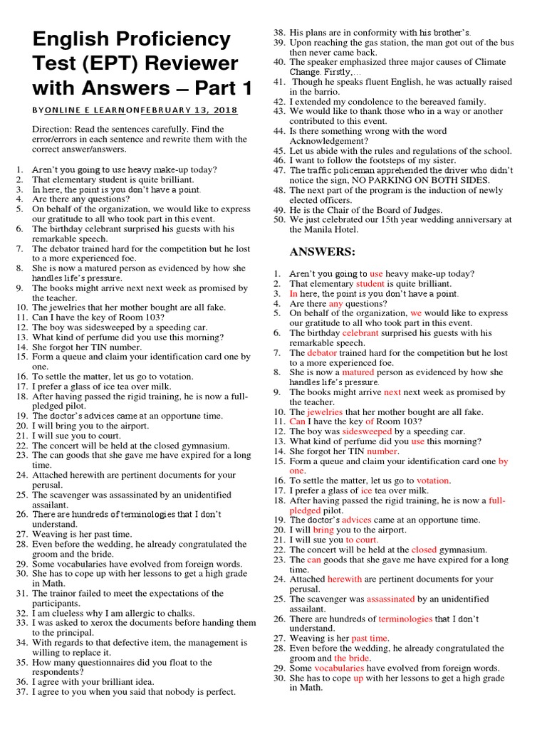 Review of English Proficiency Test (EPT) Practice Questions with ...