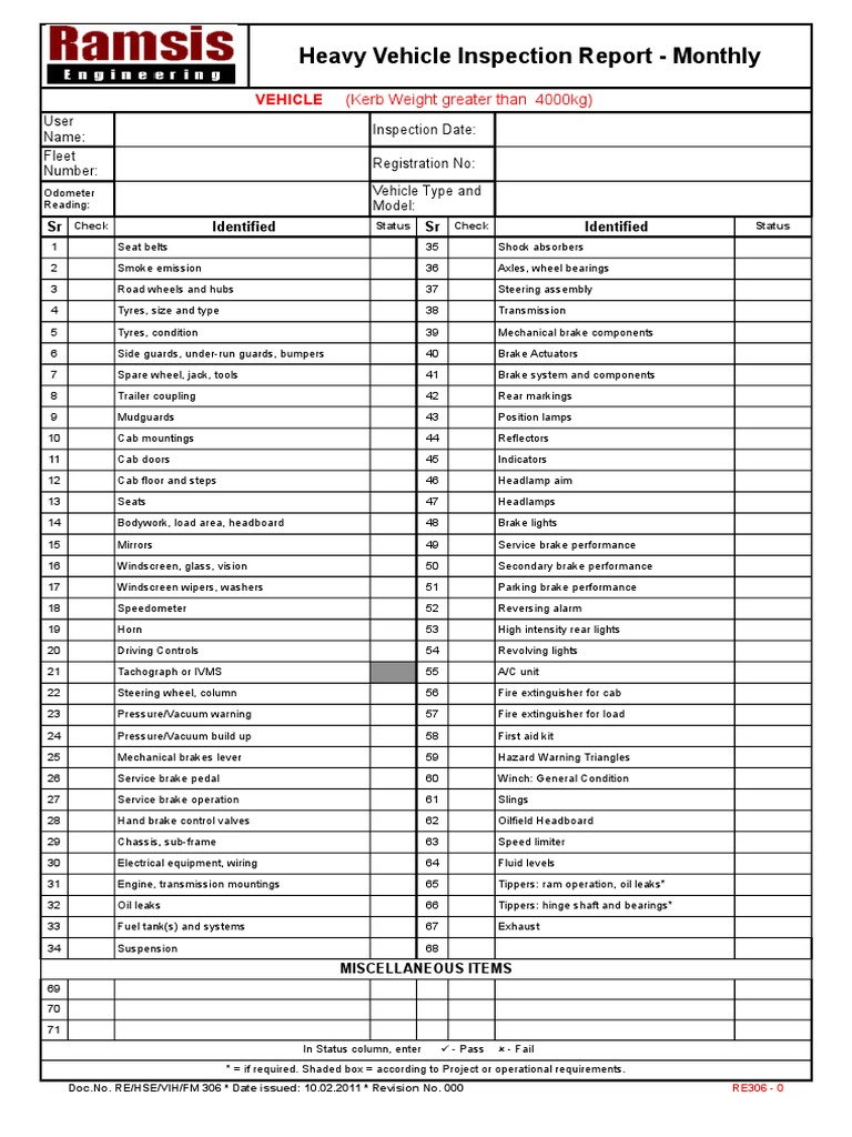 Monthly Heavy Vehicle Inspection Report | PDF | Truck | Brake