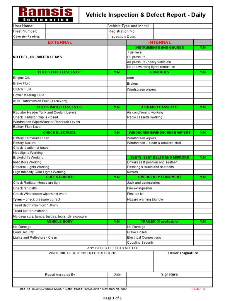 307-Vehicle Inspection & Defect Report - Daily Rev 000 | Download Free ...