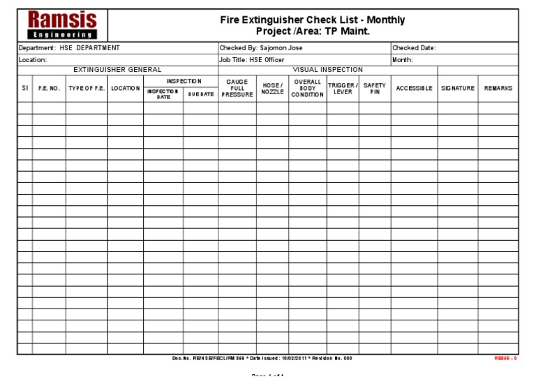 Fire Extinguisher Check List - Monthly Project /area: TP Maint | PDF