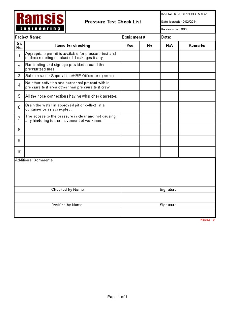 362-Pressure Test Check List Rev 000 | PDF