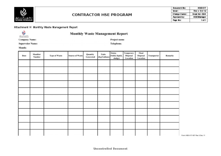 Monthly Waste Management Report Form | PDF