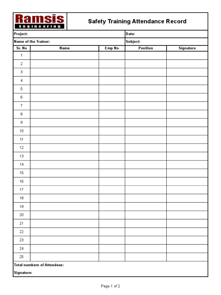 325-Safety Training Attendance Record Rev 000 | PDF