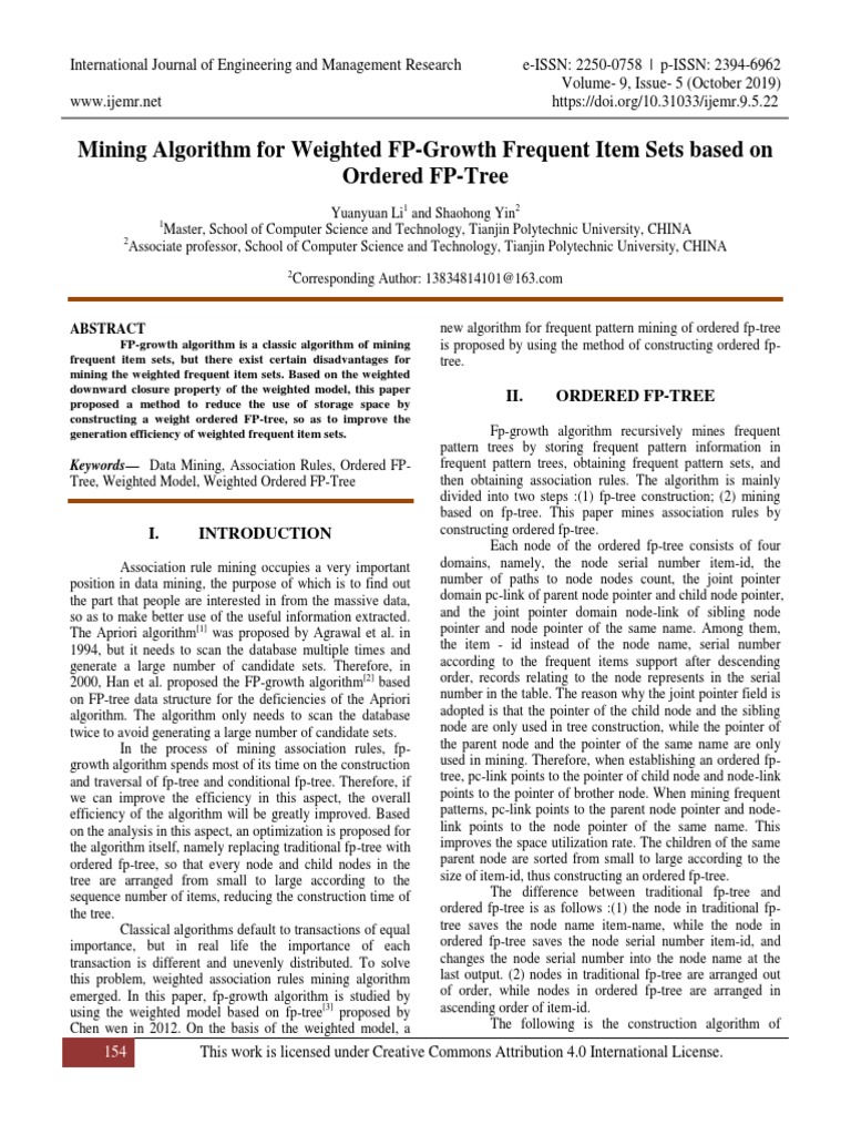 Mining Algorithm For Weighted Fp Growth Frequent Item Sets Based On Ordered Fp Tree Pdf Data
