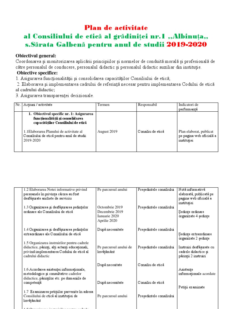 Plan de Activitate Consiliu de Etică | PDF