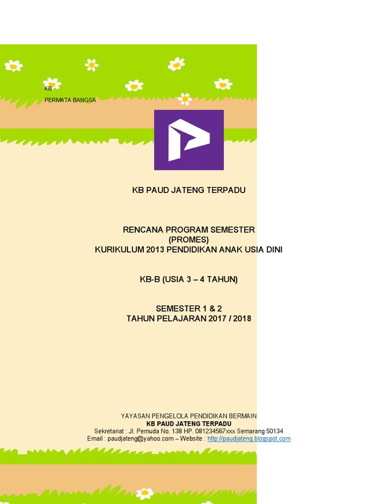 Prosem KB B 3-4 Tahun k13 Semester 1,2 | PDF