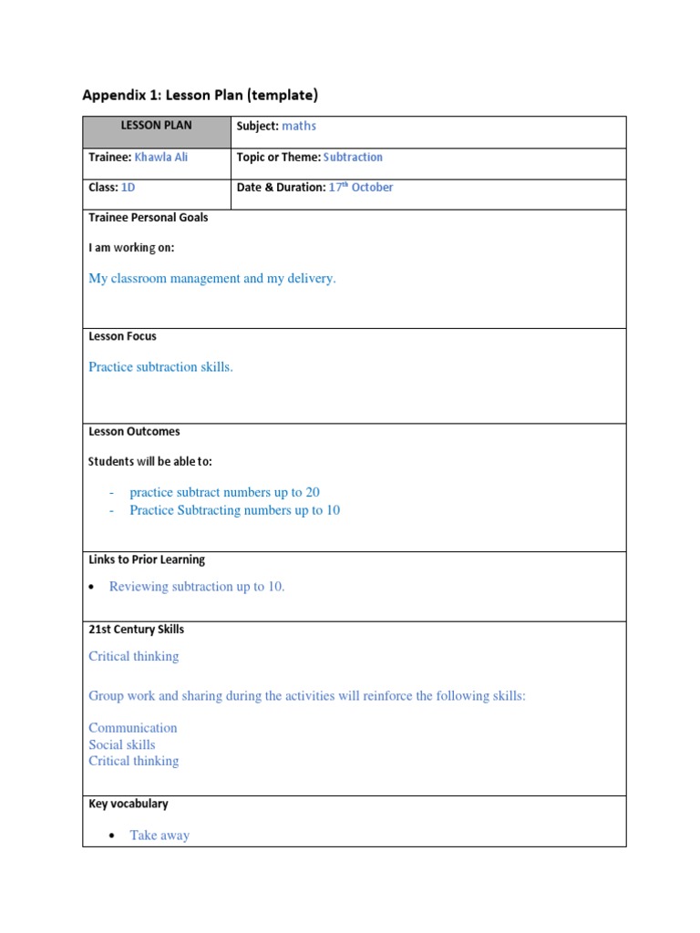 Appendix 1: Lesson Plan (Template) : Maths | PDF | Lesson Plan ...