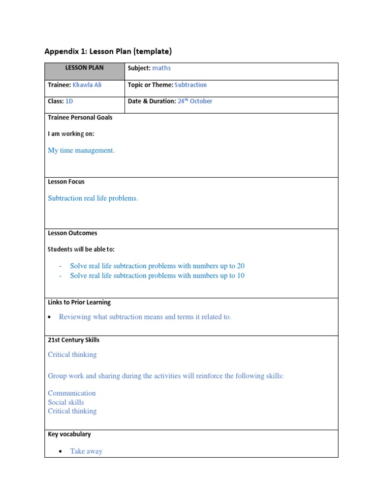 Appendix 1: Lesson Plan (Template) : Maths | PDF | Lesson Plan | Teaching