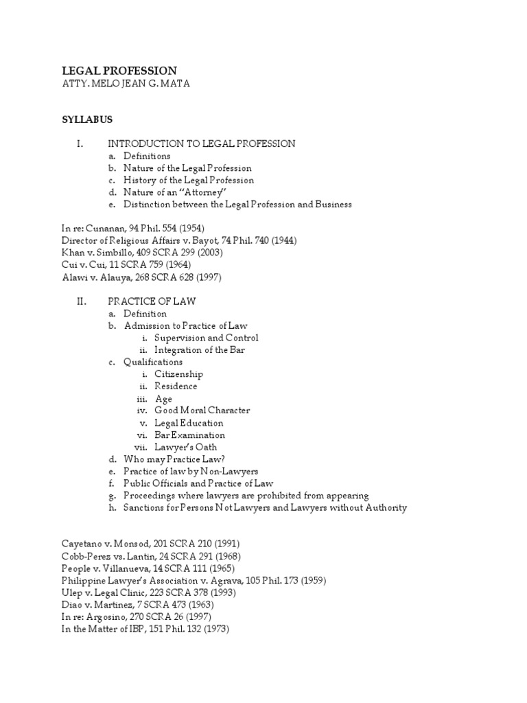 Legal Profession Syllabus | PDF | Practice Of Law | Lawyer