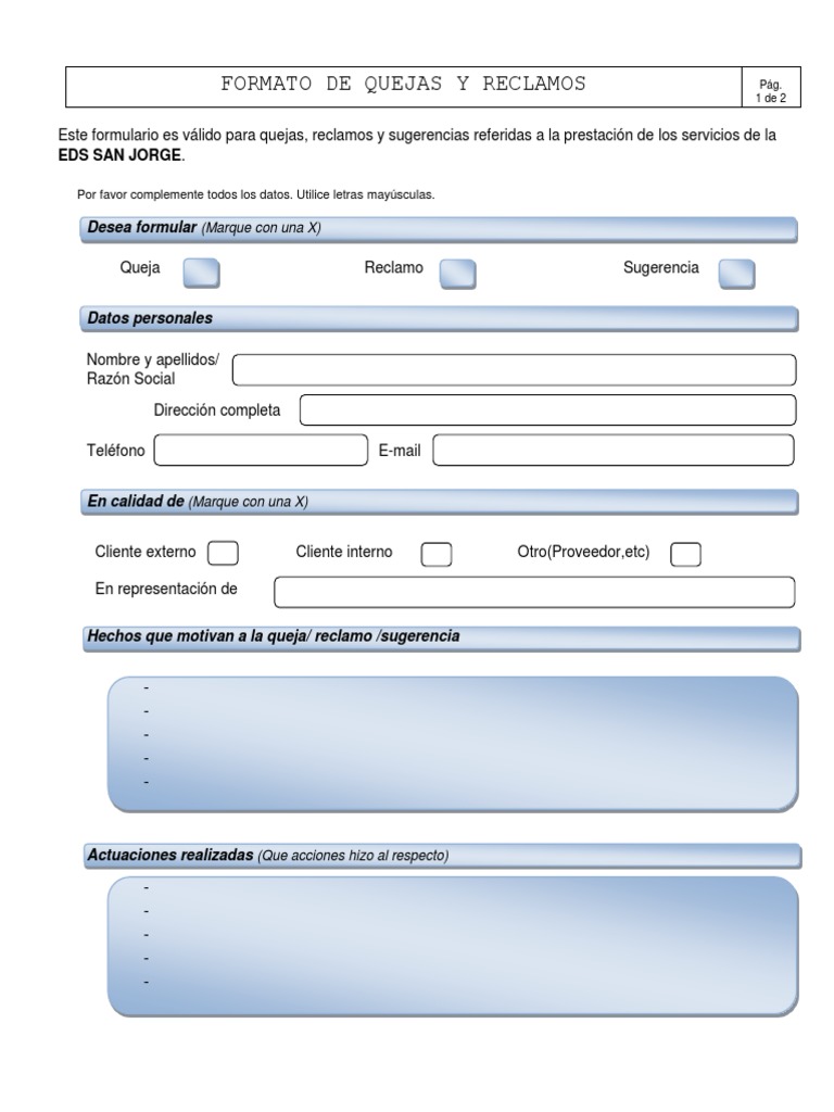 Modelo De Formulario De Queja Formal