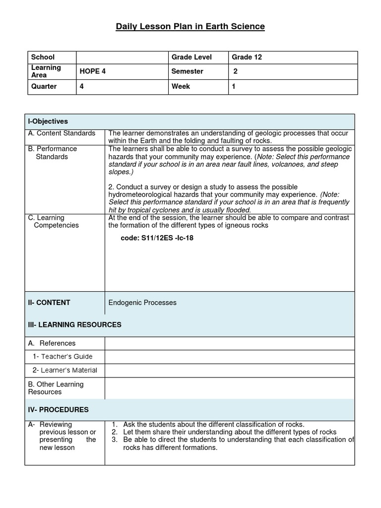 Daily Lesson Plan in Earth Science: School Grade Level Grade 12 ...