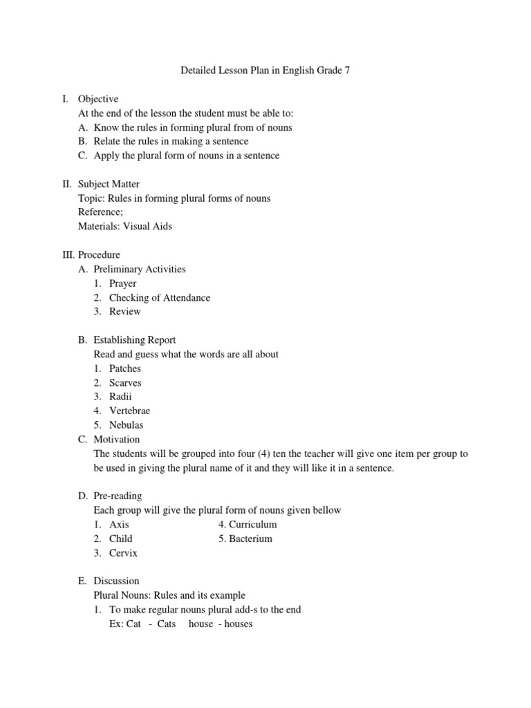 Detailed Lesson Plan in English Grade 7 Joel | PDF | Plural | Noun