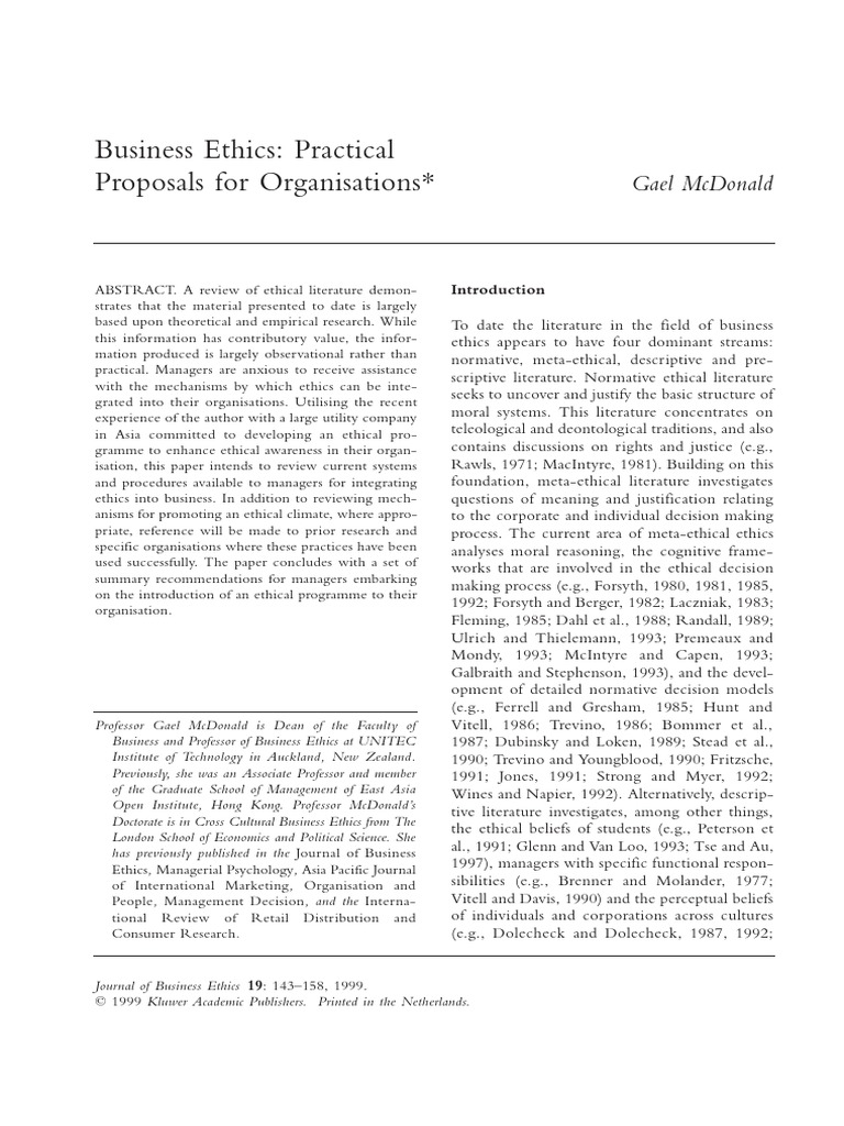 Business Ethics Practical Proposals For Organisations, Journal of ...