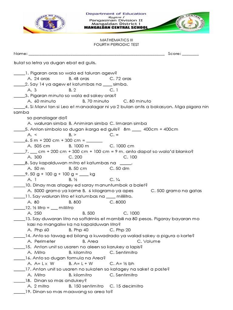 4th Periodic Test Mathematics 3 | PDF | Teaching Mathematics