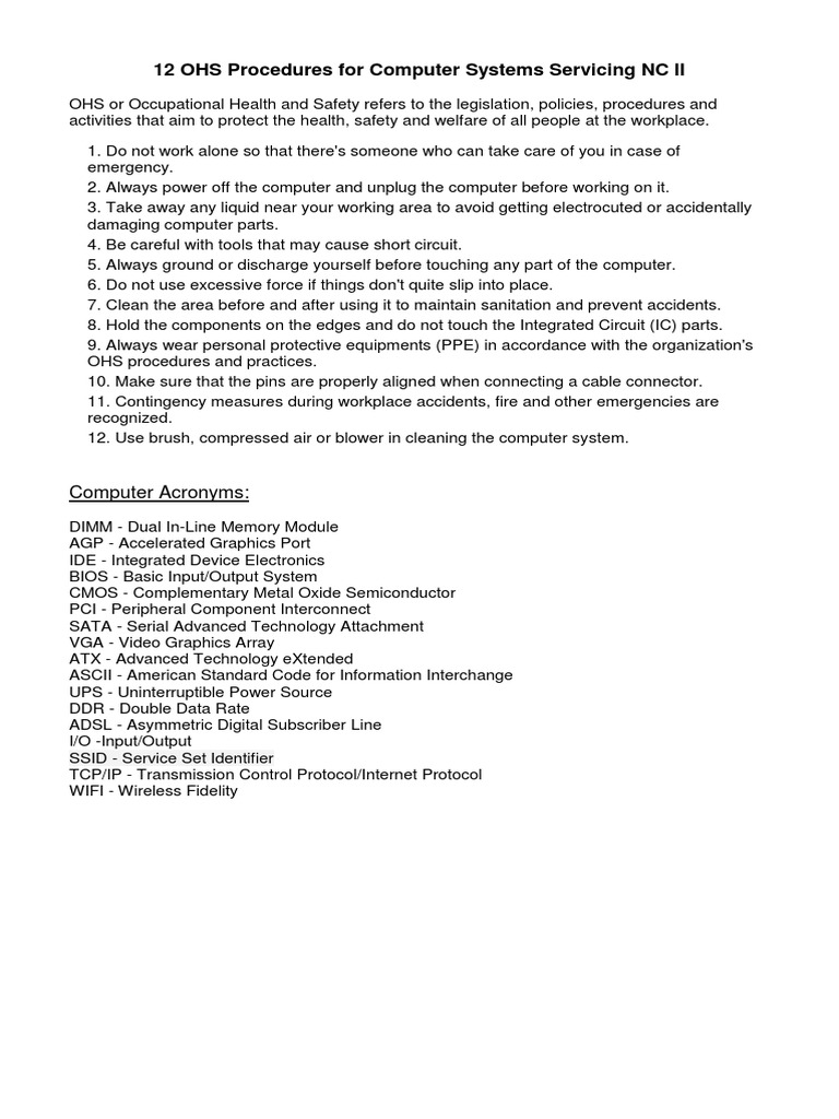 OHS Procedures for Computer Servicing | PDF | Business | Computers
