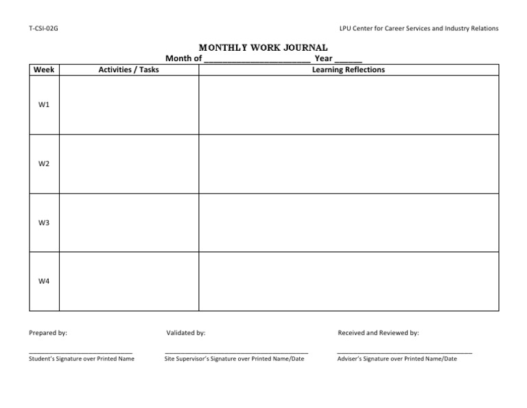 Monthly Work Journal Month of - Year | PDF
