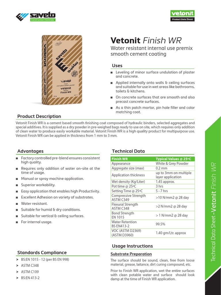Vetonit Finish WR Technical Data Sheet | PDF | Plaster | Concrete