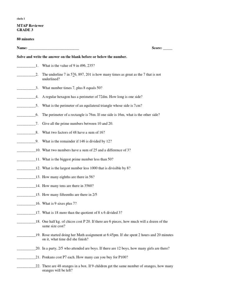 MTAP Reviewer Grade 3 80 Minutes Name: - Score: - Solve and Write The ...