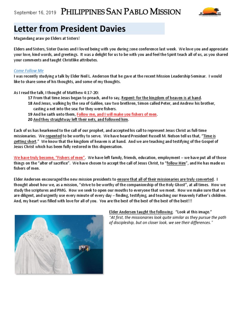 Letter From President Davies: September 16, 2019 | PDF | Missionary ...