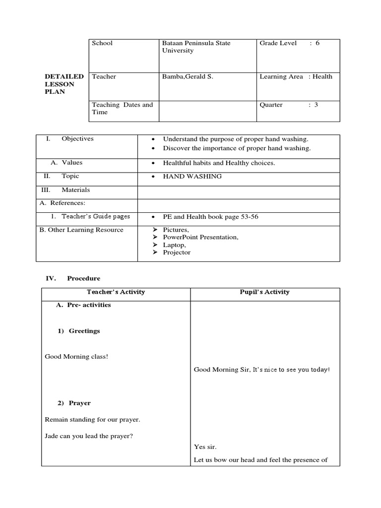 Detailed Lesson Plan | PDF | Hand Washing | Hygiene