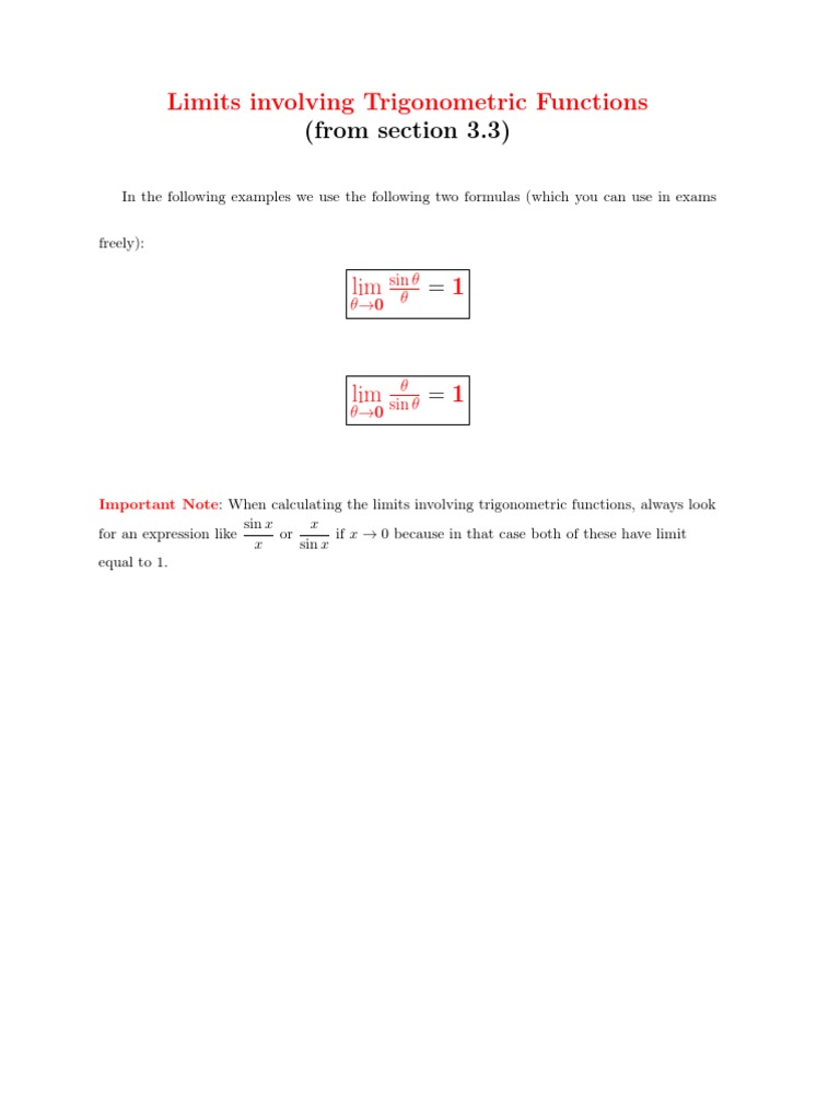 Trigonometric Limits and Shortcuts | PDF | Sine | Special Functions