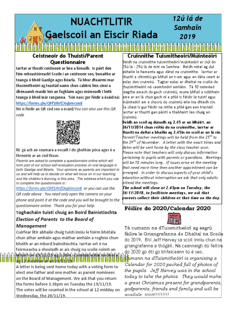 Nuachtlitir Gaelscoil An Eiscir Riada: 12ú Lá de Samhain 2019 | PDF ...