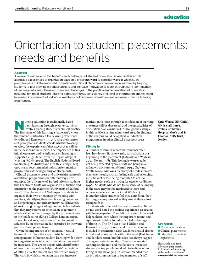 Orientation To Student Placements: Needs and Benefits: Education | PDF ...