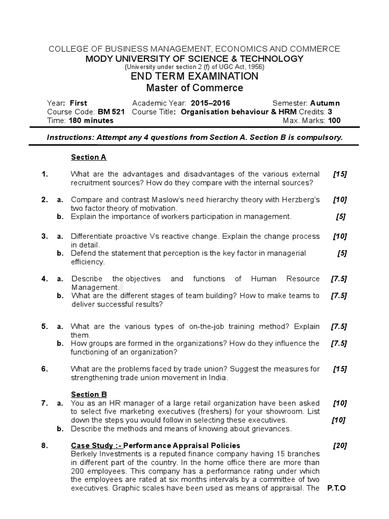 End Term Examination Master of Commerce: Mody University of Science ...