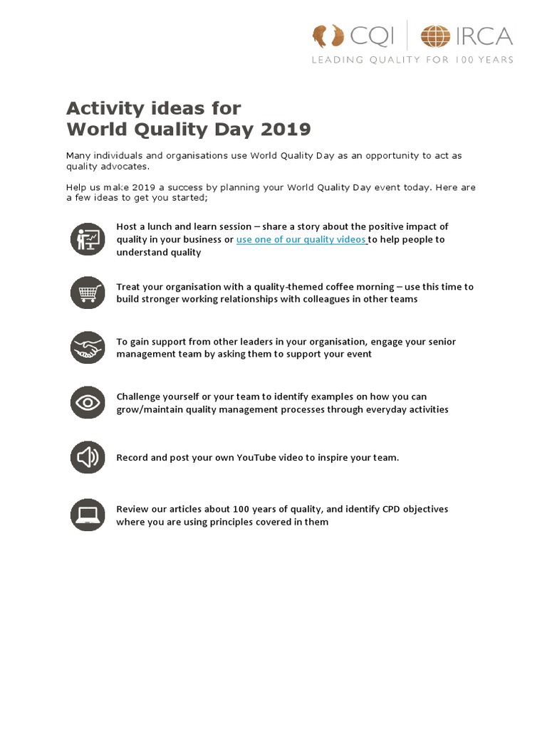 Activity Ideas For World Quality Day 2019 | PDF