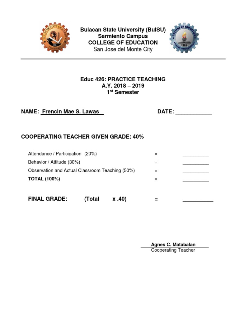 Cooperating Teacher Grading Sheet | PDF | Behavior Modification | Learning
