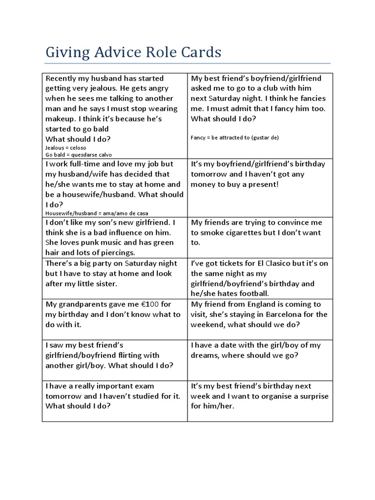 Giving Advice Problem Cards1 | PDF