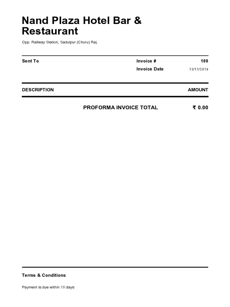 Nand Plaza Hotel Bar & Restaurant: Proforma Invoice Total 0.00 | PDF