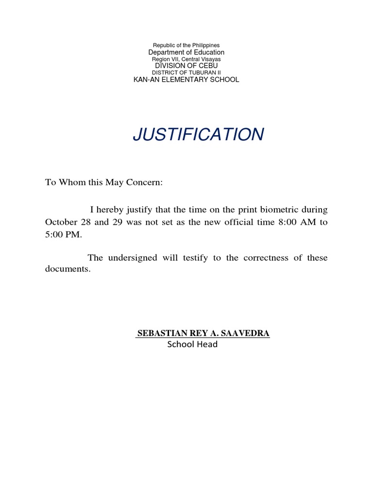 Biometric Time Justification Letter | PDF