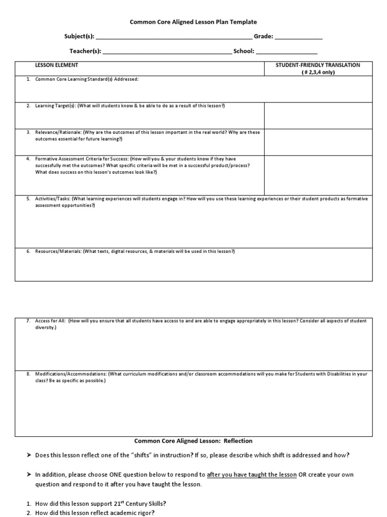 Ccss Aligned Lesson Plan Template | PDF | Common Core State Standards ...