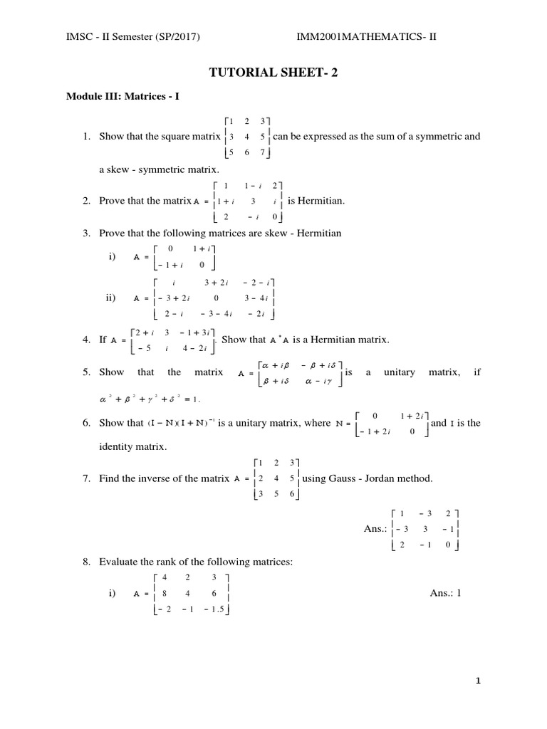 Tutorial Sheet2 MATRICES I-1 | Download Free PDF | Matrix (Mathematics ...