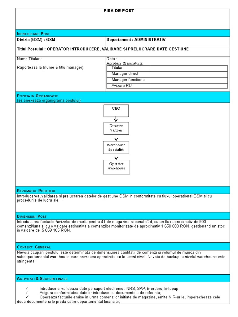 Fisa Postului Operator Warehouse | PDF