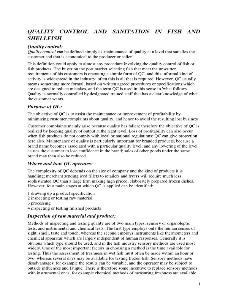 Quality Control and Sanitation in Fish and Shellfish | PDF | Food ...