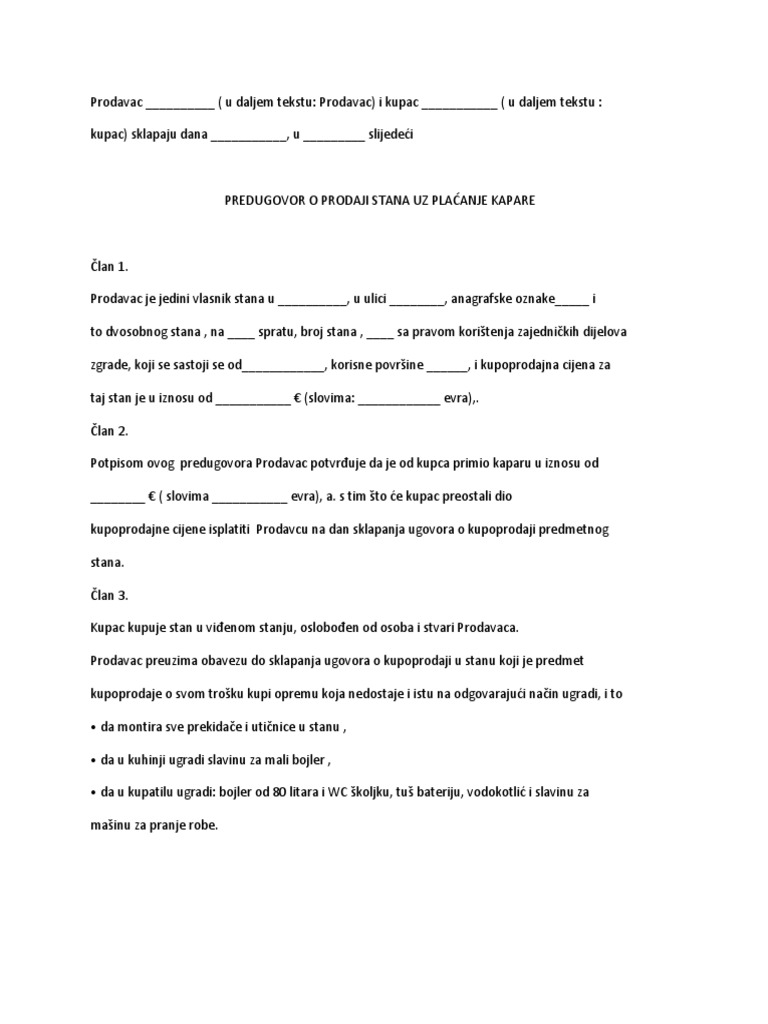 Predugovor o Prodaji Stana Uz Placanje Kapare | PDF