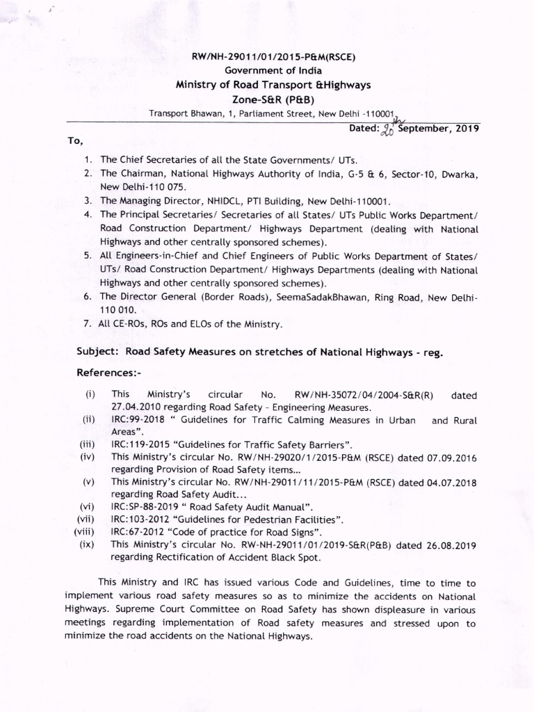 Road Safety Measures On Stretches of National Highways - Regarding ...