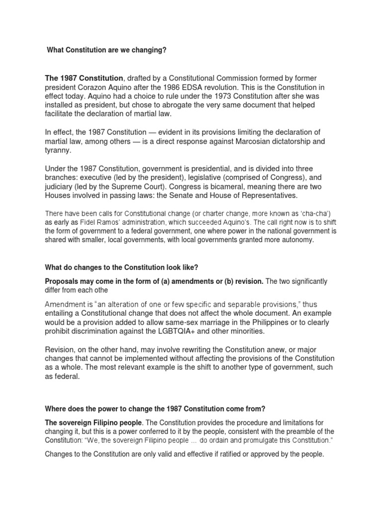 The 1987 Constitution: What Constitution Are We Changing? | PDF ...