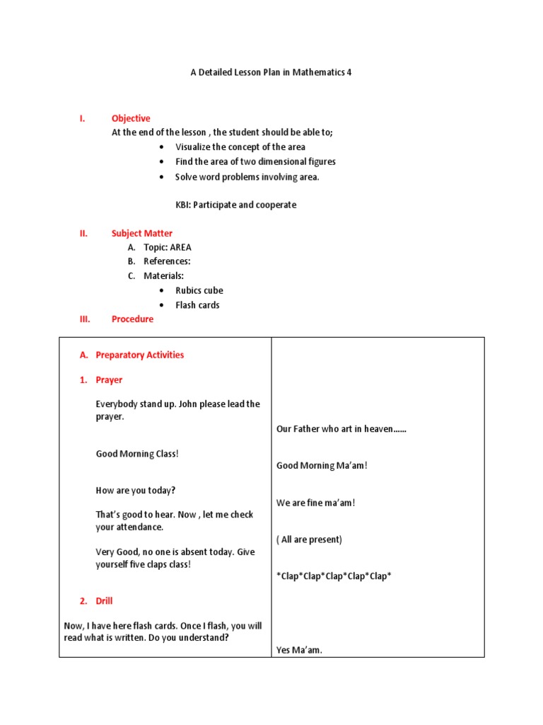 A Detailed Lesson Plan in Mathematics 4 | PDF | Area | Elementary ...
