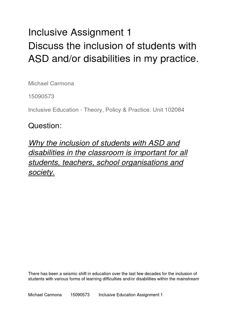 Inclusive - Assignment 1 | Download Free PDF | Inclusion (Education) | Special Education