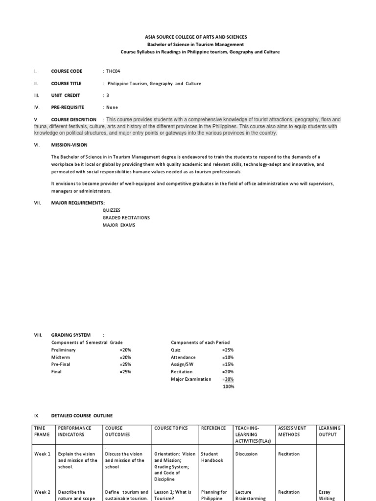 Philippine Tourism Course Syllabus | PDF | Tourism | Philippines