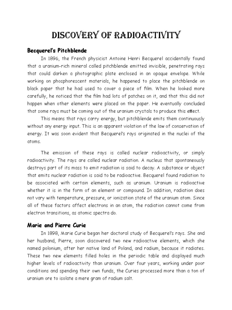 Discovery of Radioactivity: Becquerel's Pitchblende | PDF | Radioactive ...