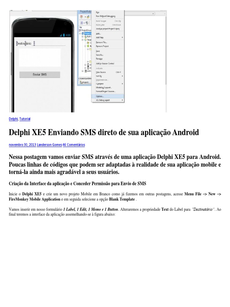 Delphi XE5: Envio de SMS em Android | PDF | Android (sistema operacional) | Aplicativo para celular