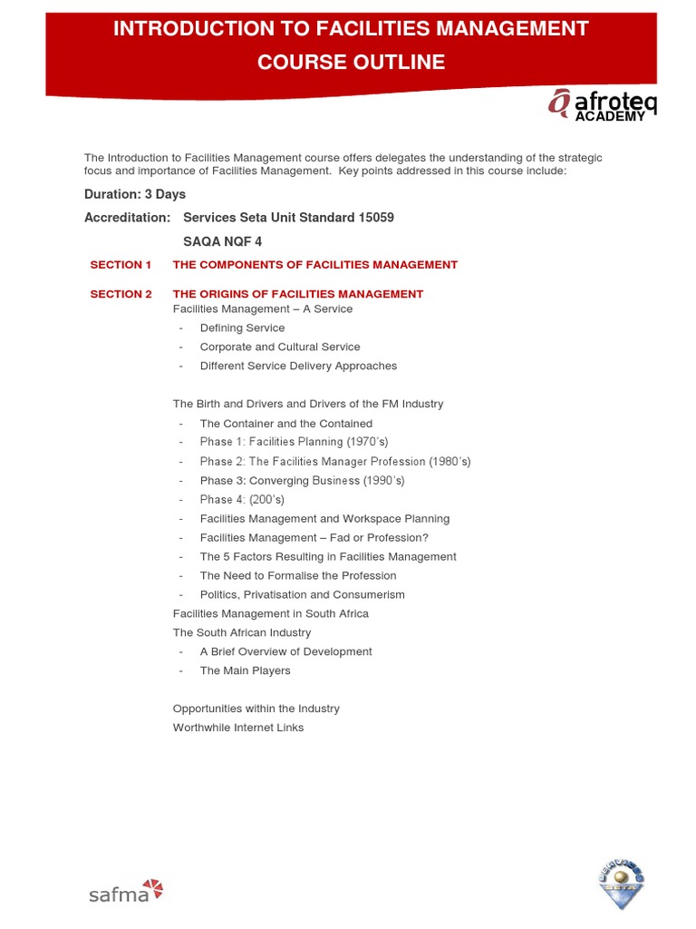 Introduction To Facilities Management Course Outline V1 Pdf