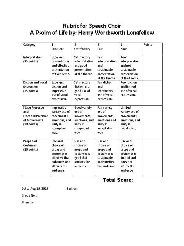 Rubric For Speech Choir | PDF